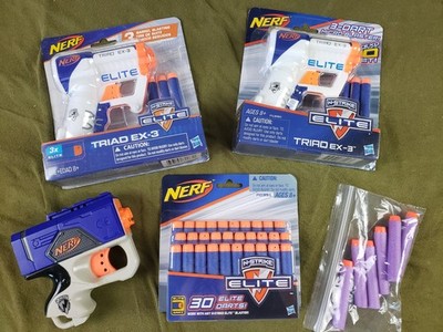 LOT OF 3 NERF GUNS - 2 N-STRIKE ELITE TRIAD EX-3 + SINGLE PISTOL & 30 ...