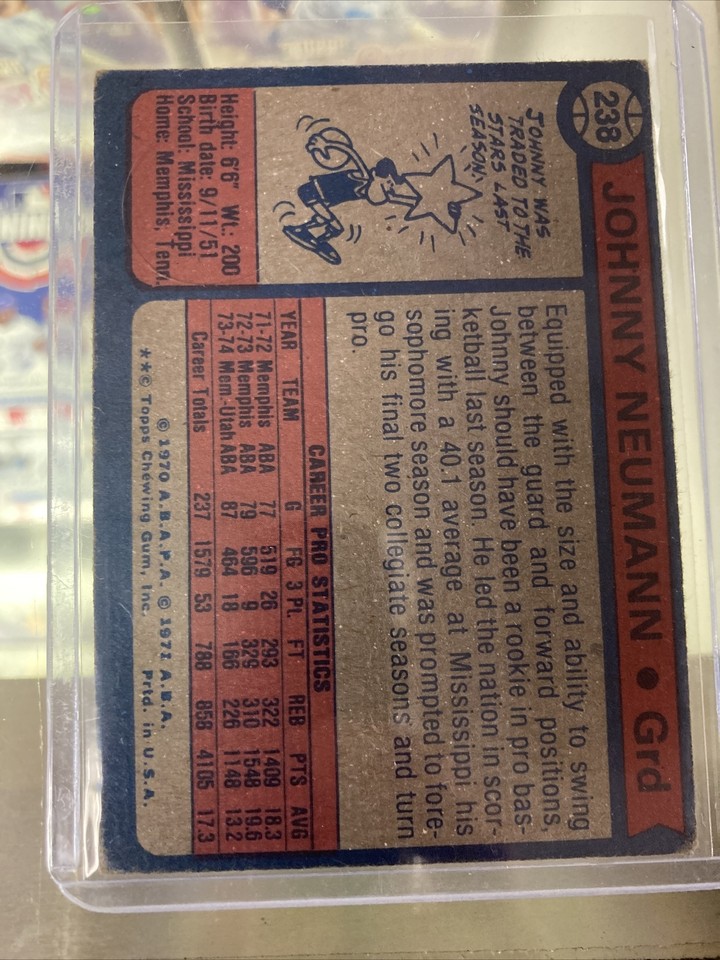 1974-75 Topps Basketball #238 Johnny Neumann Utah Stars (Ole Miss) PR ...