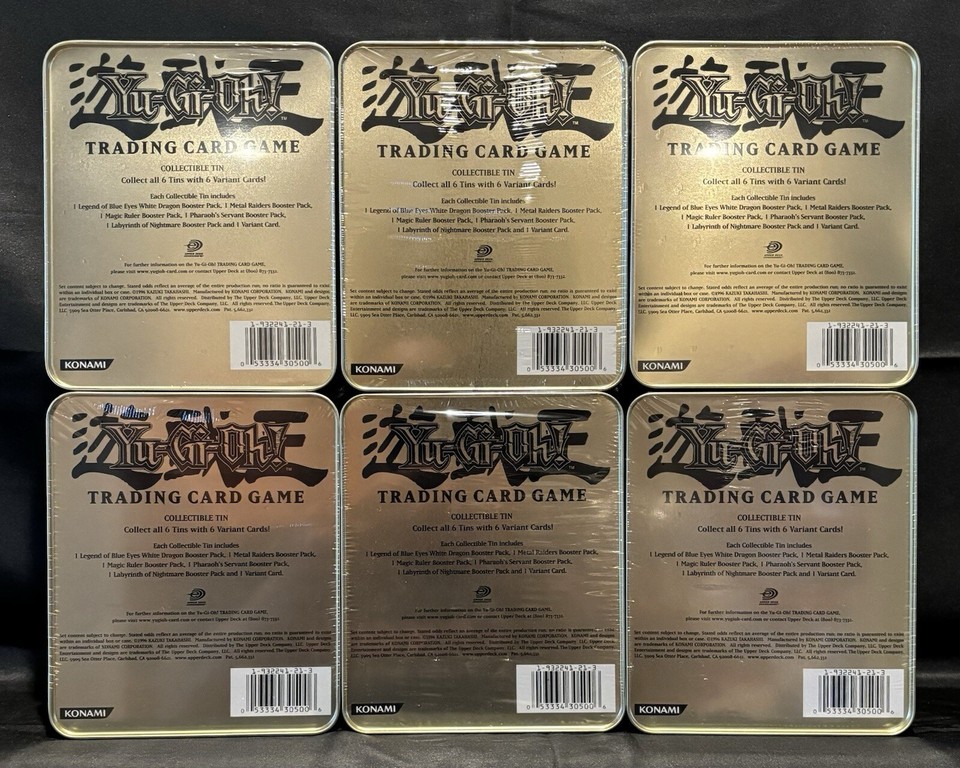 YUGIOH 2003 COLLECTOR 6 TINS SET, EACH TIN; 5 PCKS +1 VAR. CARD, FACT ...