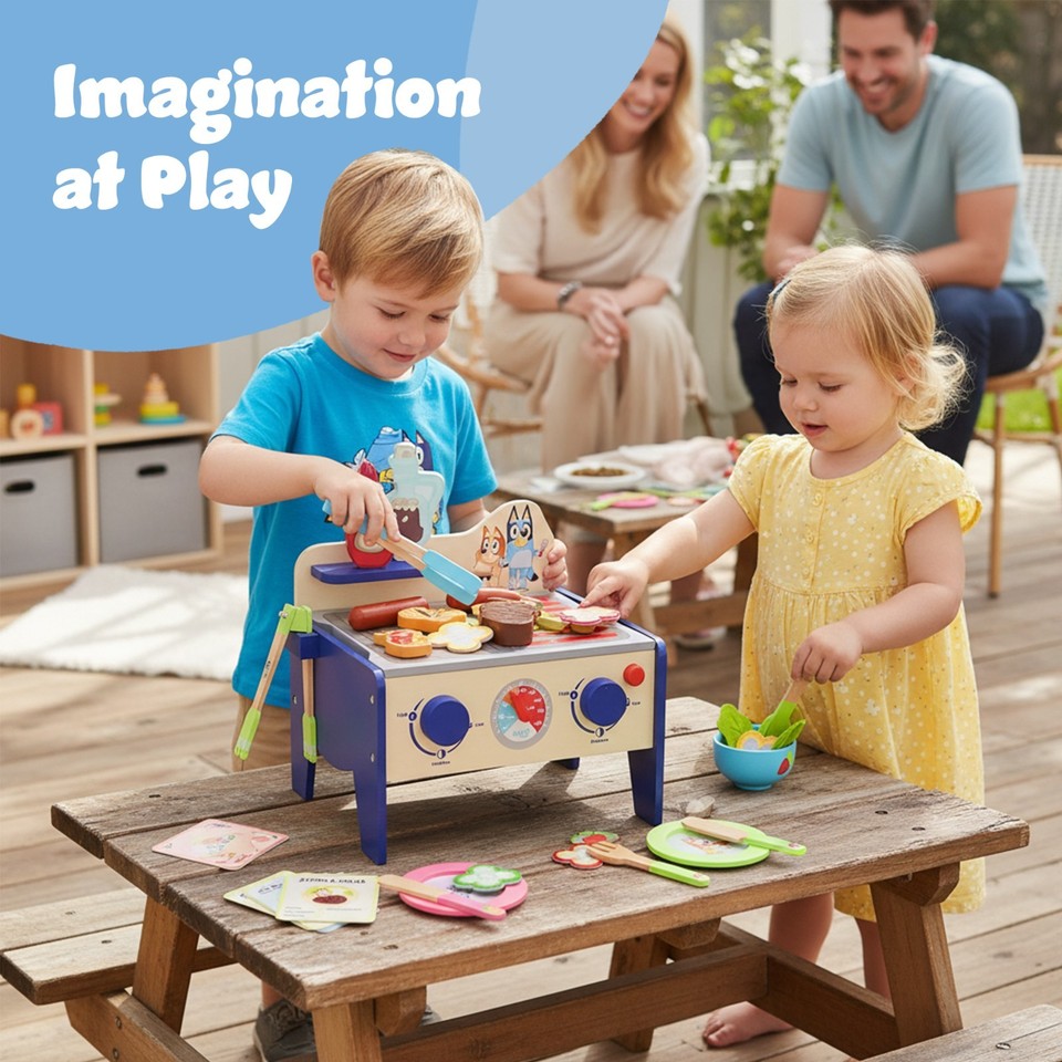 Bluey Wooden BBQ & Salad Toys Set Colourful Role-Play Grill Playset 33 ...