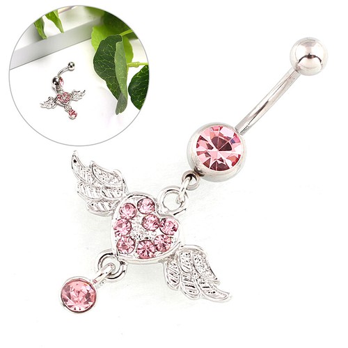 Women Fashion Piercing Crystal Heart Wing Belly Navel Ring Dangle Body ...