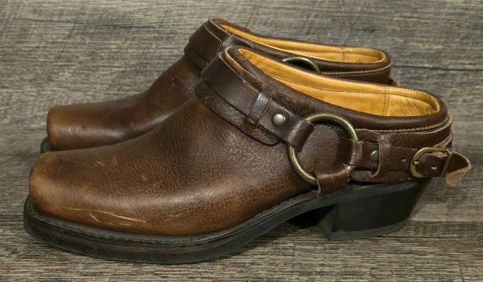 Womens Size 7.5M Frye Harness Belted Slip-on Leather Mules Shoes..Fast ...