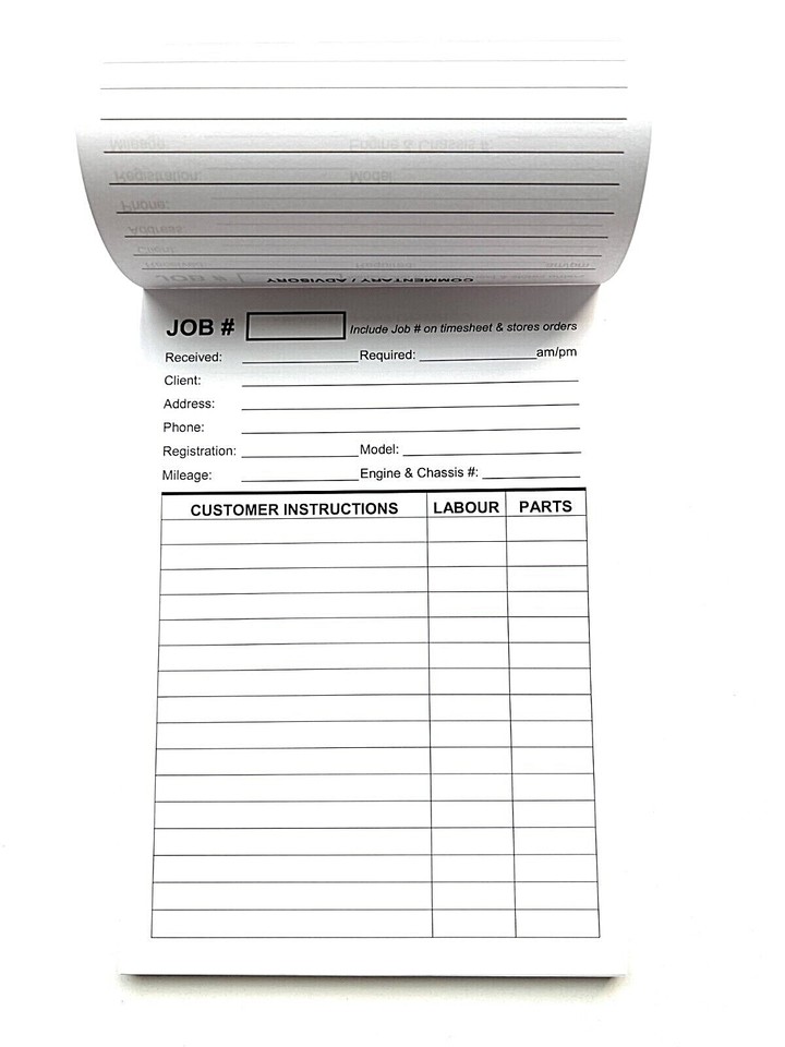 Garage Workshop Repair Job Card Works Cards Job Sheet Pad MOT 50 Cards ...