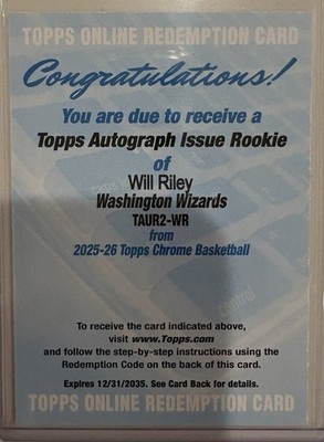 2025-26 TOPPS CHROME | TOPPS AUTOGRAPH ISSUE ROOKIE WILL RILEY ...