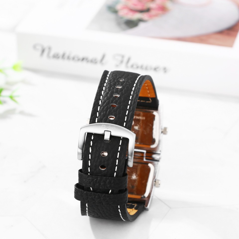 Mens Chunky Large Three-Dial Quartz Analog Watch Leather Band Military ...