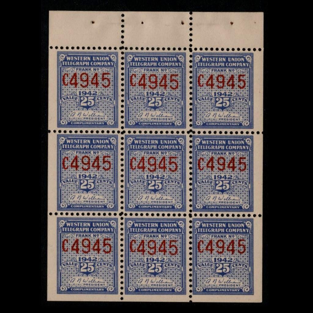 16T107 TELEGRAPH 25c Ultramarine WESTERN UNION Full Pane MNH SEE PHOTOS ...