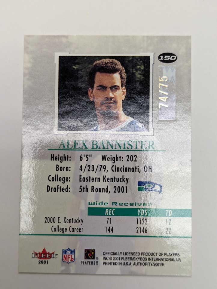 2001 Fleer Authority Prominence 75 #'d 74/75 Alex Bannister #150 Rookie ...