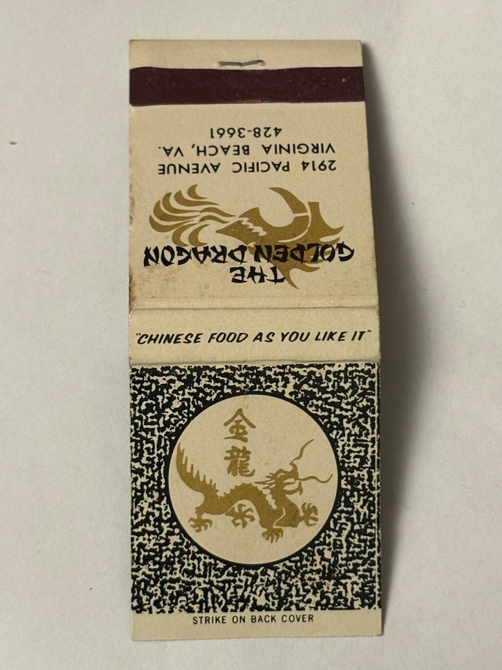 The Golden Dragon Restaurant Full Matchbook Chinese Steve Yee Virginia ...