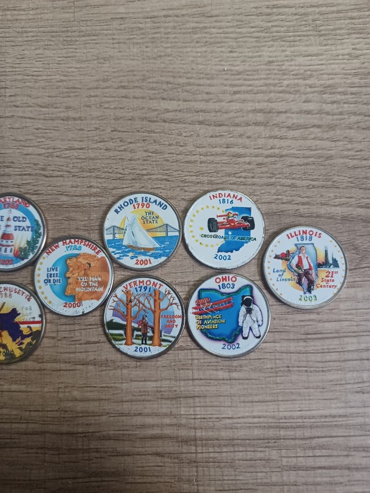 Colorized State Quarters Mixed Lot, 14 Quarter Lot, 1999, 2000, 2001 ...