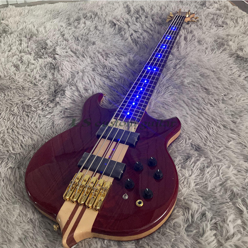 New 5 String Bass Guitar Walnut Electric Guitar Blue LED Light Inlay ...