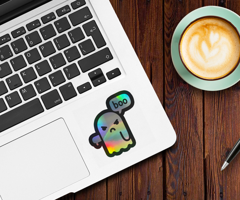 Booo! Ghost Thumbs Down Holographic Vinyl Sticker - Funny Halloween ...