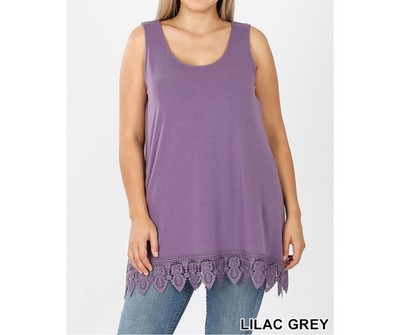 Zenana Premium Flowy Sleeveless Lace Bottom Tank Top Women's Lilac Gray ...