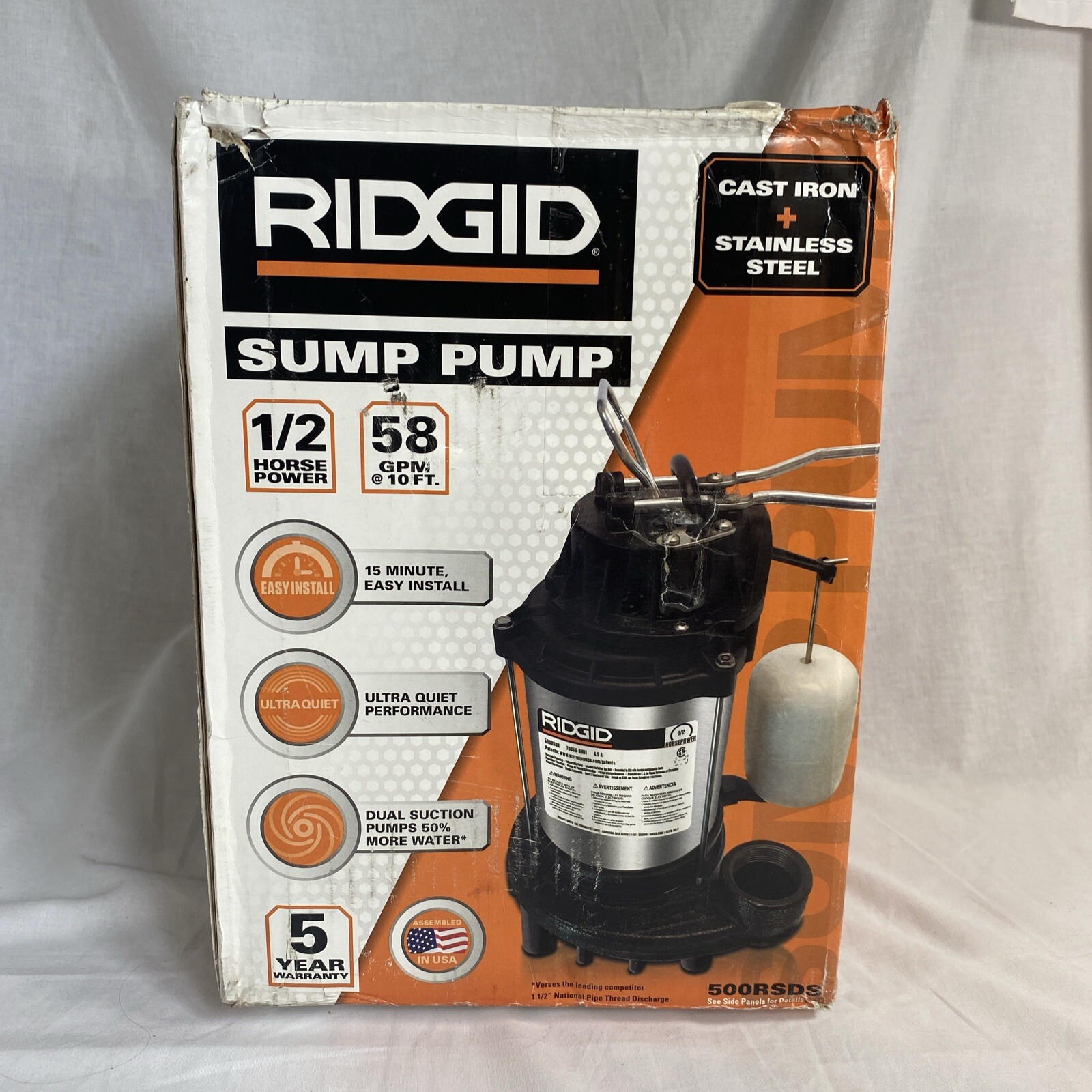 RIDGID 1/2 HP Cast Iron Sump Pump - SP-500 Open Box Never Used ...