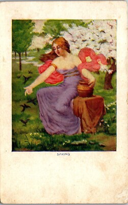 Vintage Art Artist Postcard Woman in a Garden Spring Posted 1908 | eBay