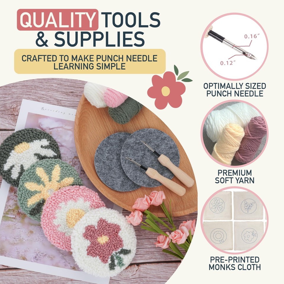 Punch Needle Kit – 6 Floral Design Punch Needle Embroidery Kit w/Monk ...