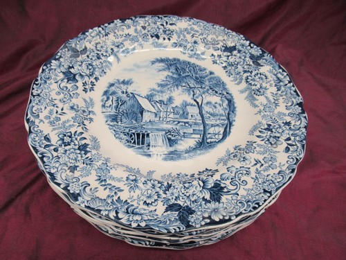 Set of 8 Vintage Johnson Bros, England MILL STREAM blue 10" dinner ...
