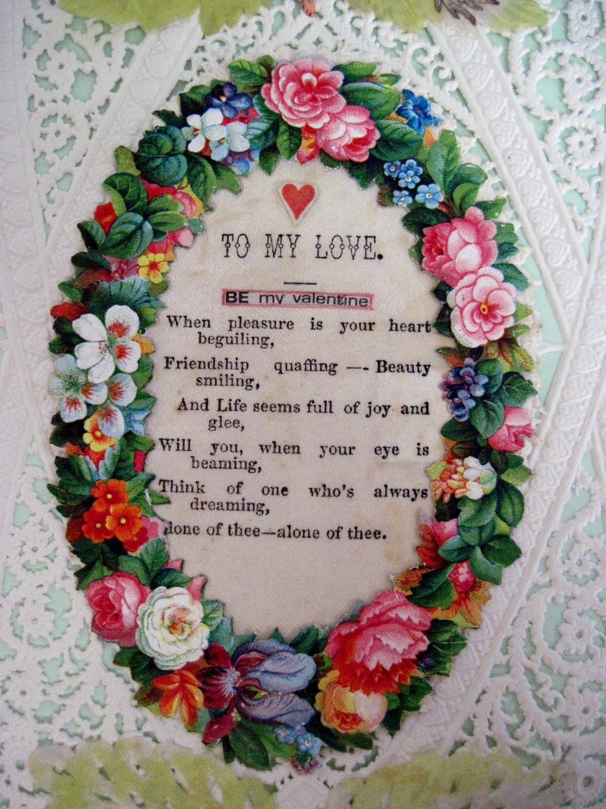 Vintage Victorian 1800's Valentine Card w/ Paper Lace, Cupid "To My ...