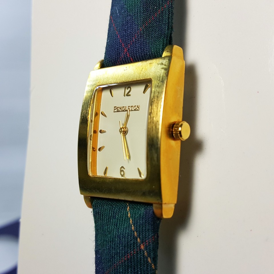 Pendleton Ladies Gold Tone Wrist Watch w Wool Green Tartan Plaid Fabric ...