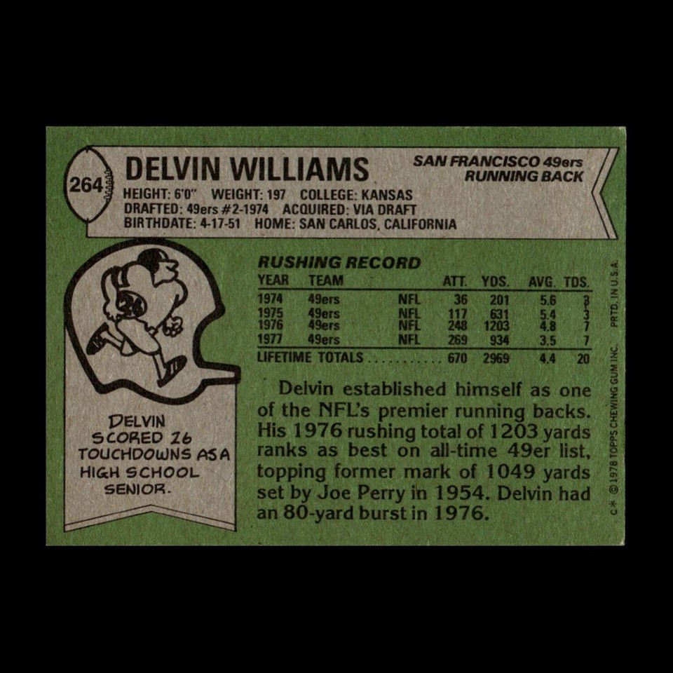 Delvin Williams 1978 Topps San Francisco 49ers #264 R308i 1 | eBay