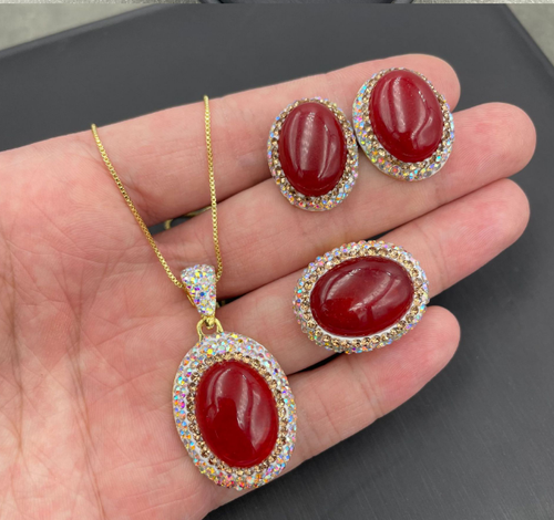 Charming Red Ruby Jade Rhinestone Gemstone Necklace Earring Ring Set 18" | eBay