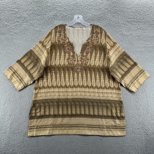 Soft Surroundings Top Plus Size 2X Brown Beaded Tunic V Neck Boho ...