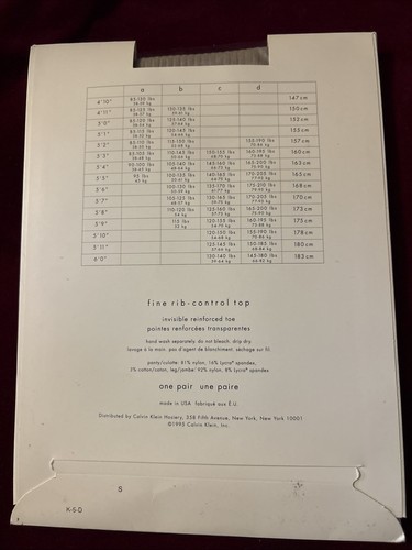 New Calvin Klein Pantyhose Fine Rib Control Top Style 916 Size B ...