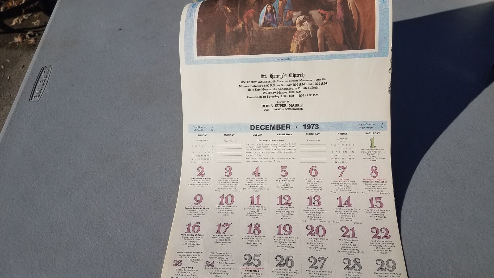 1973 Calendar Perham Minnesota St. Henry's Church Don's Super Market ...
