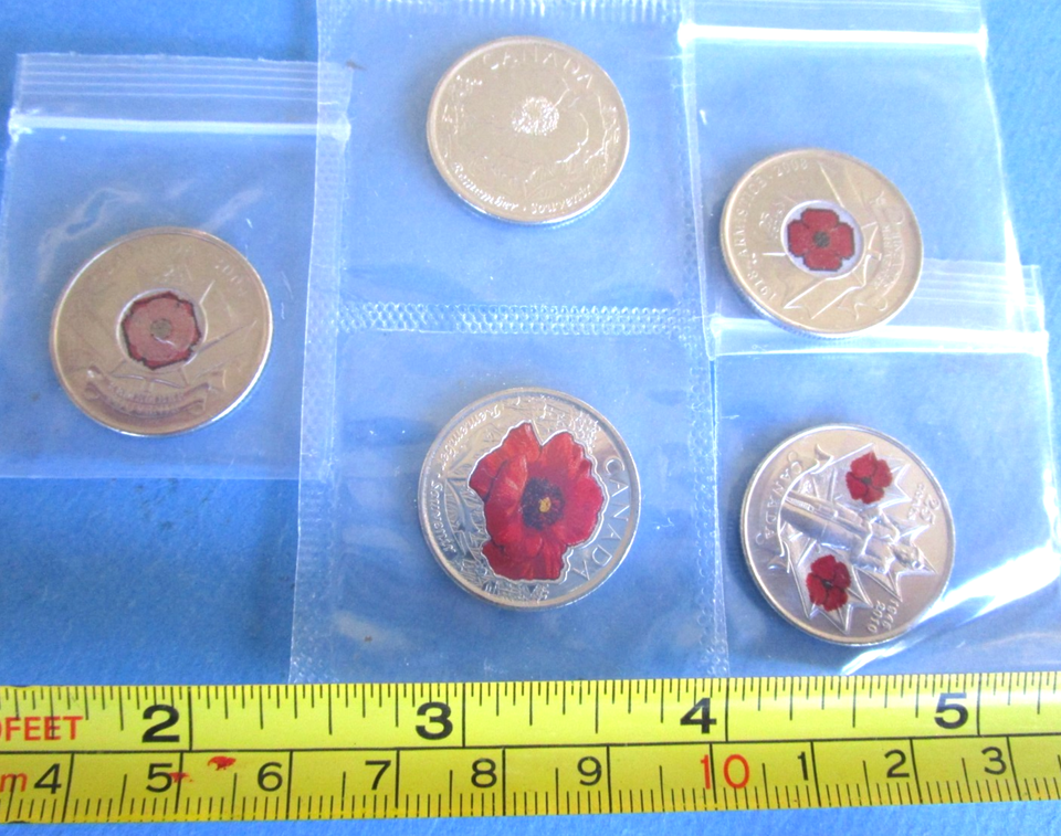 CANADA *Lest We Forget* 5 x BU Canada 2004 2008 2010 2015 poppy quarter ...