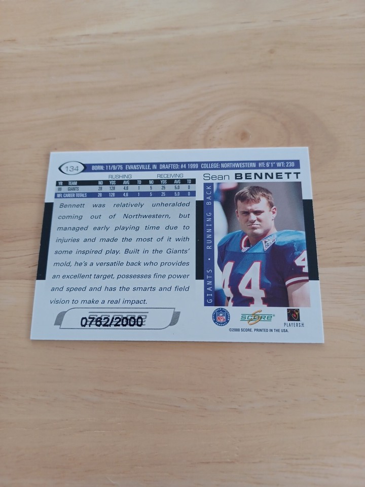 2000 Score Football #134 Sean Bennett New York Giants Scorecard #rd ...
