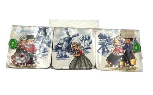 Vintage Dutch Holland Children Boy Girl Windmills Cork Coasters NOS Set ...