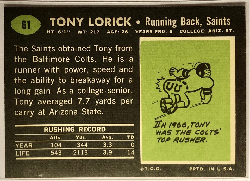1969 Topps Football Tony Lorick #61 New Orleans Running Back NM-MT | eBay