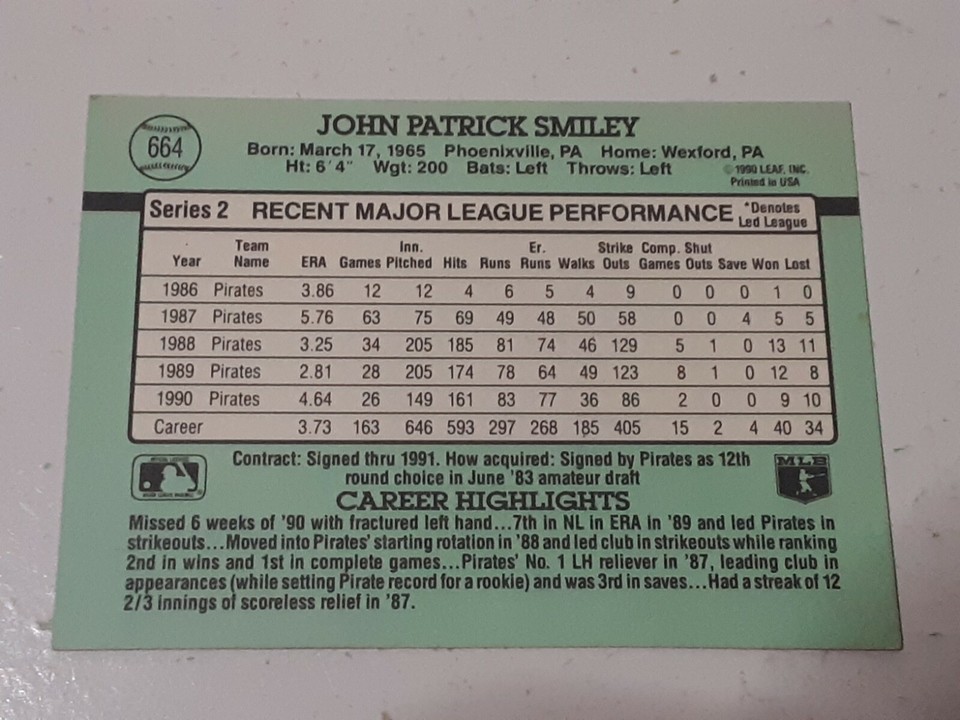 John Smiley Pittsburgh Pirates 1991 Donruss Autograph Card #664 READ ...