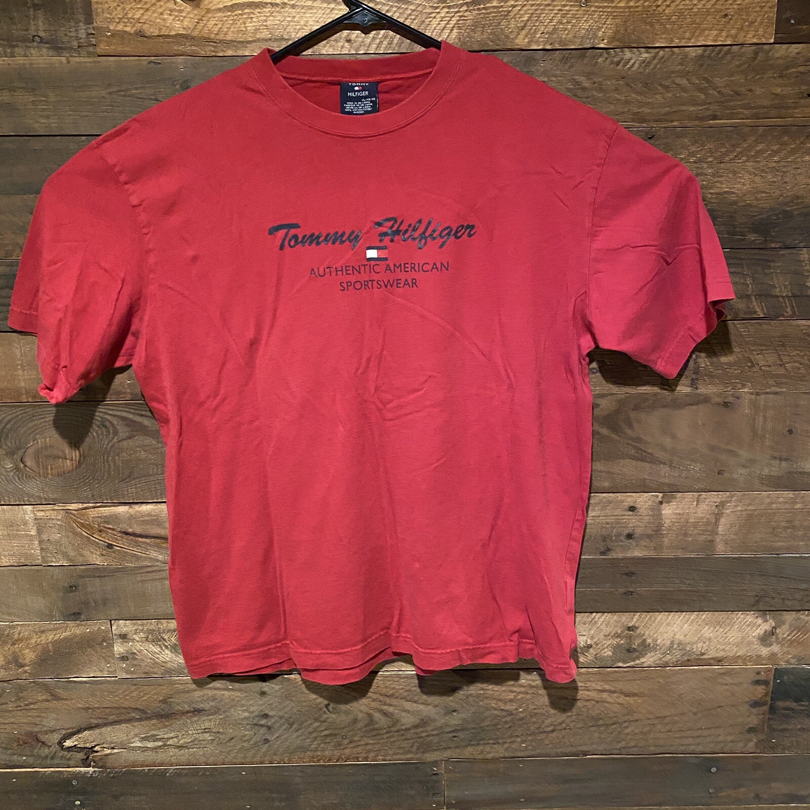 Vintage Tommy Hilfiger Cursive Spell Out Red Short Sl… - Gem