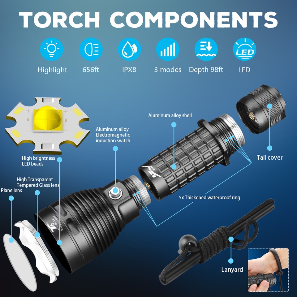 Super Bright LED Diving Flashlight Underwater Powerful P70 LED Scuba ...