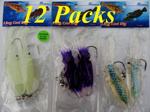 12 Packs Ling Cod Squid Rigs Two Bulb Squid Rigged Fishing Lures- 4 x 3 Colors | eBay