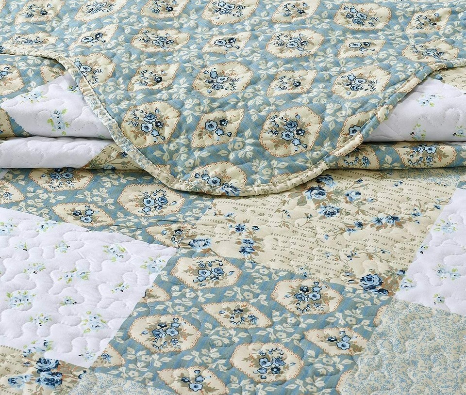 Blue Green Yellow Floral Patchwork 3 pc Quilt Set Twin Full Queen King ...