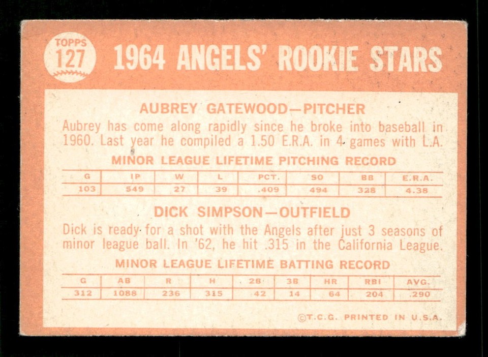 1964 Topps #127 Angels 1964 Rookie Stars (Aubrey Gatewood / Dick ...