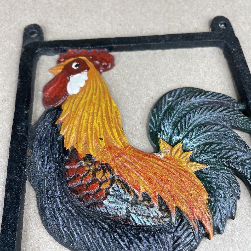 Vintage Hand Painted Cast Iron Rooster Chicken Wall Hanging Jacket Key ...