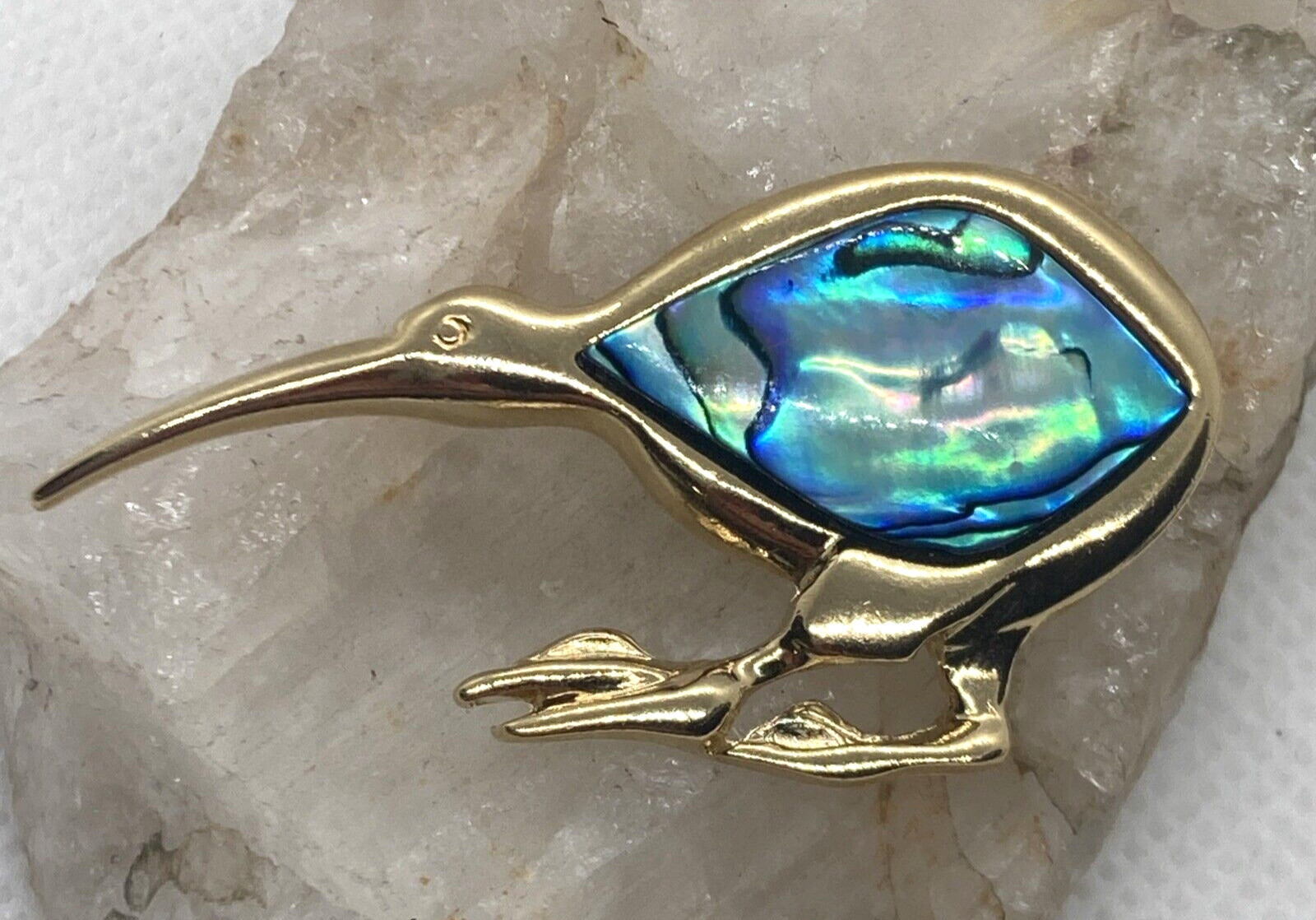 Ariki Paua Abalone Shell Kiwi Bird Pin Brooch Gold Pl… - Gem