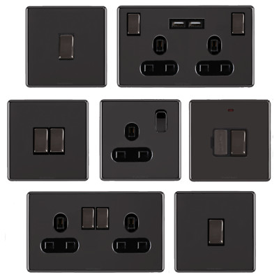 Screwless Slim Black Nickel Mirror Light Switches & Sockets with Black ...