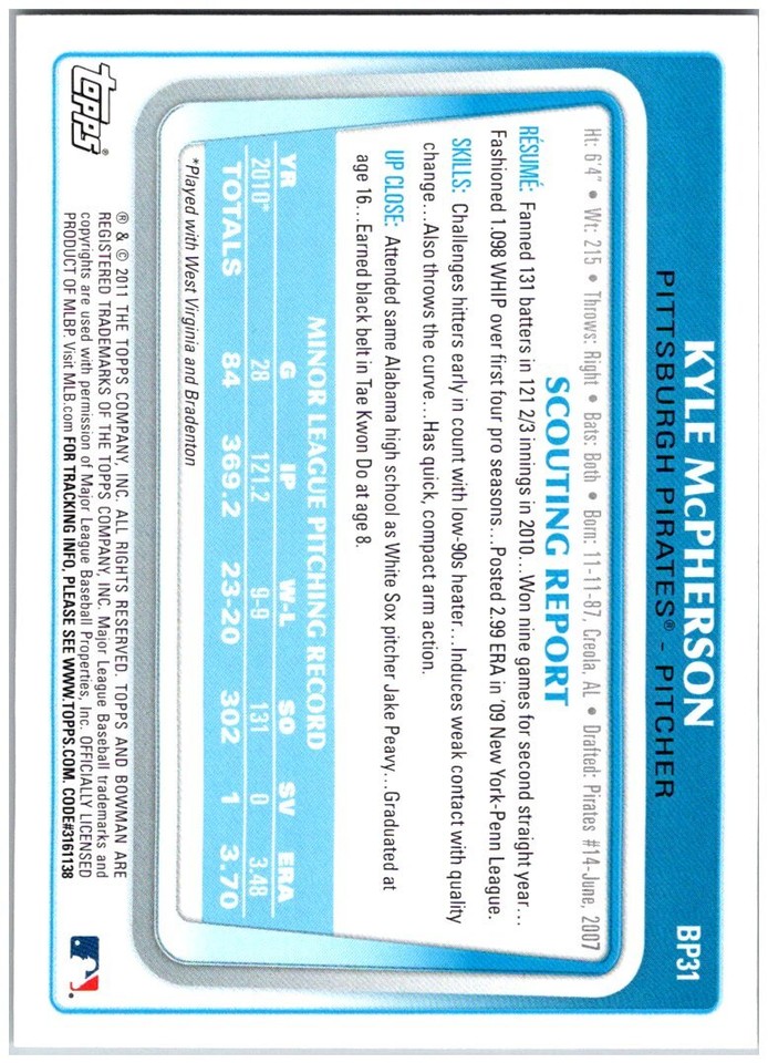 2011 Bowman Prospects #BP31 Kyle McPherson FREE SHIPPING! | eBay