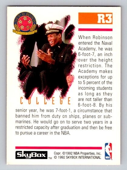 1992-93 Skybox David Robinson Flagship Series David Robinson #R3 HOF ...