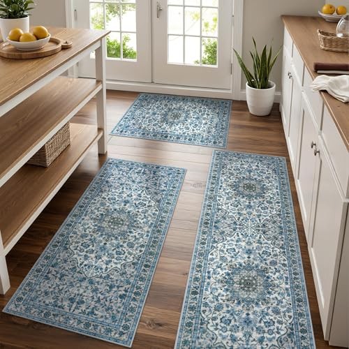 Washable Kitchen Mats, Non Slip Kitchen Rugs Sets of 3, Blue Kitchen ...