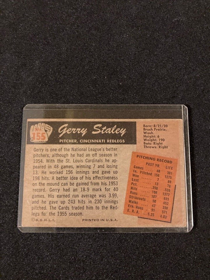1955 Bowman Baseball Card Gerry Staley Pitcher Cincinnati Redlegs #155 ...