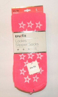Tru Fit Ladies Slipper Sock Non Slip Grips White Stars Pink 9-11 NWT | eBay