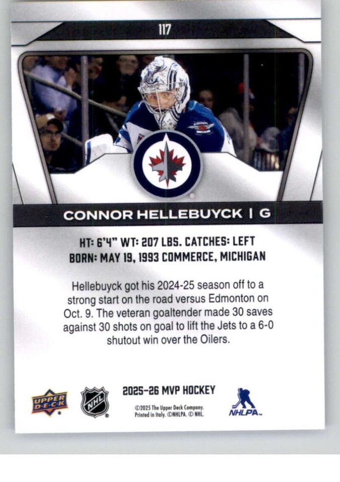 Connor Hellebuyck 2025-26 Upper Deck MVP #117 NHL Winn Jets ID:145516 ...
