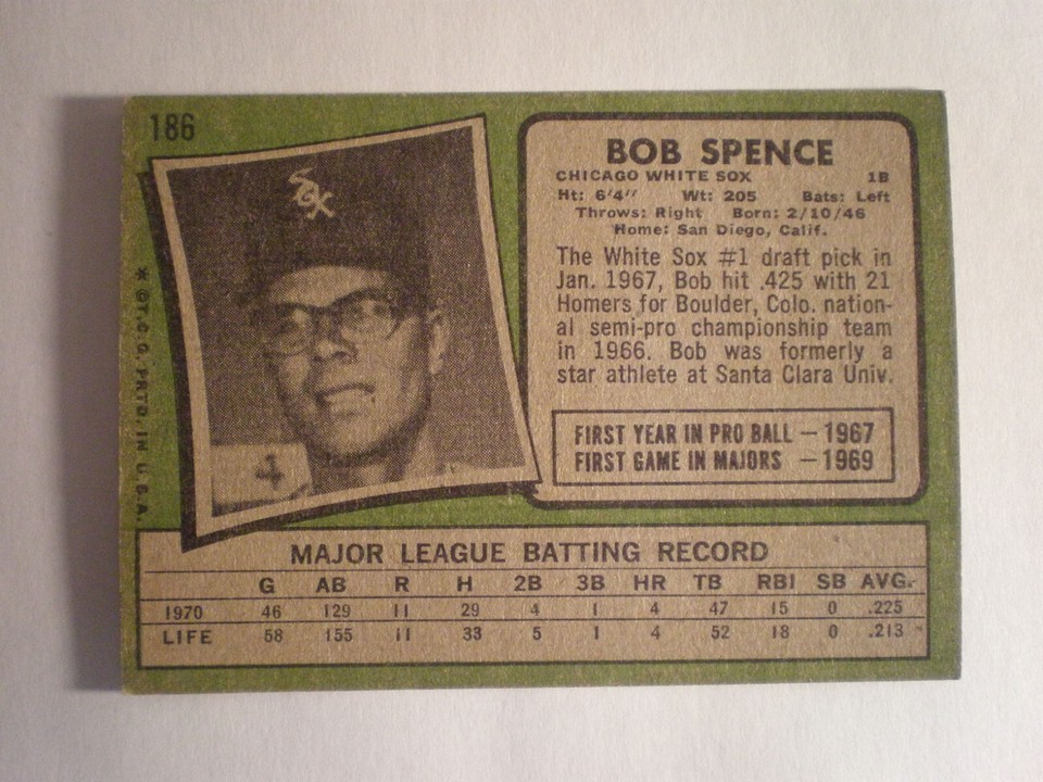 1971 Topps Baseball White Sox Bob Spence Card # 186 | eBay