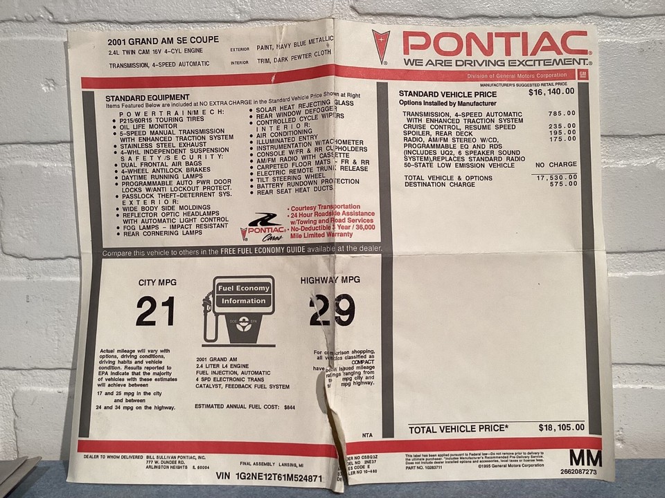 Original GM Monroney Window Stickers Chevrolet Buick Pontiac - Choose ...