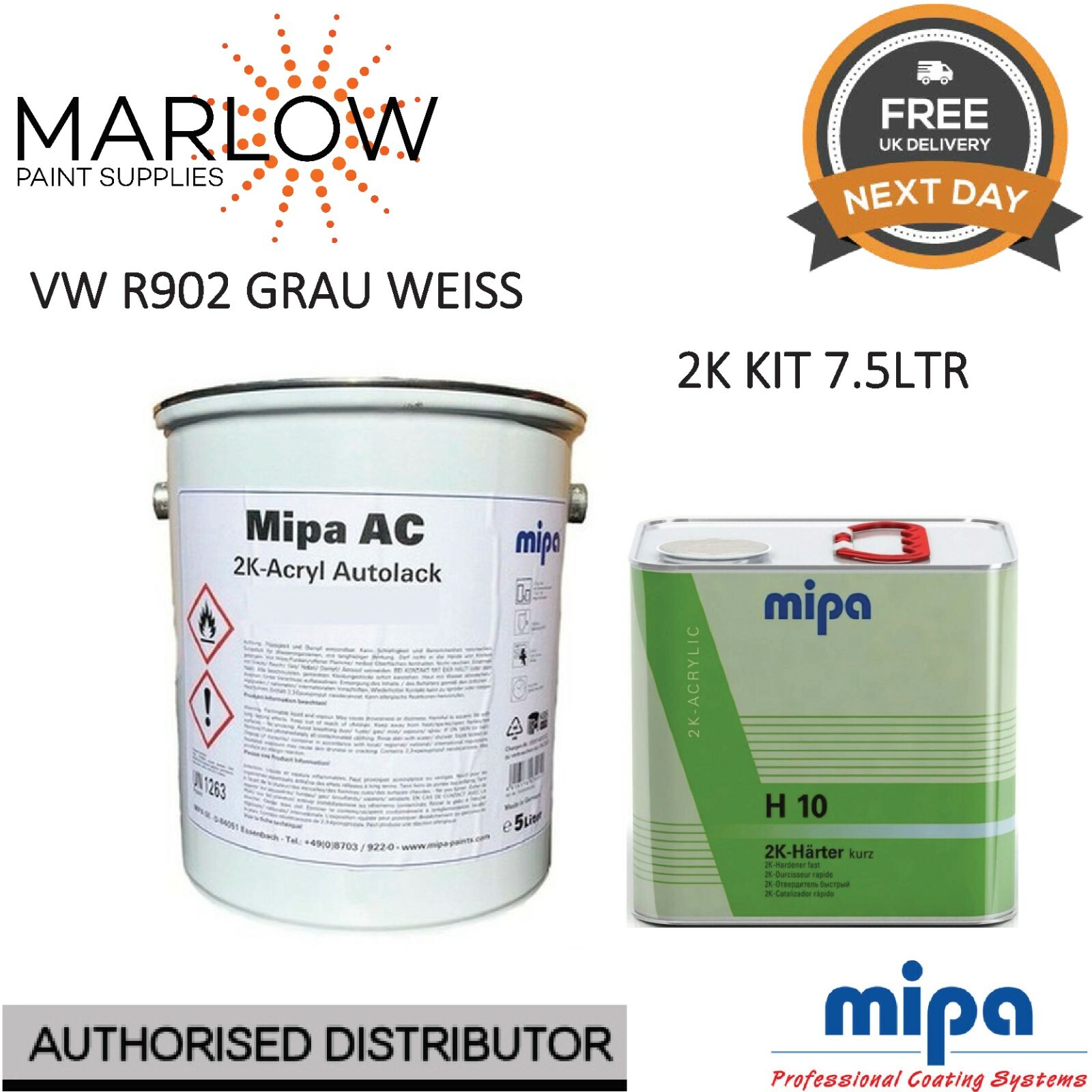 MIPA AC 2K ACRYLIC VW R902 GRAU WEISS WITH H10 HARDENER KIT 7.5L - VAN ...