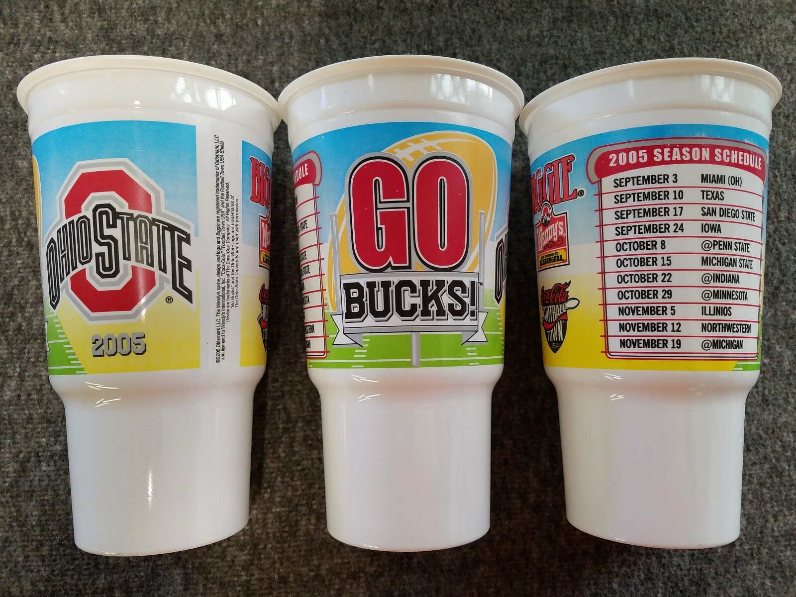 2005 Ohio State Buckeyes Wendy's Biggie Coca Cola Plastic Cup Lot of 3 ...